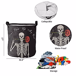 Laundry Hamper Foldable Laundry Basket, Red Roses Skeleton Waterproof Clothes Hamper for Bathroom Bedroom Living Room, Rustic Skull Victory Gesture Toy Baskets for Dollhouse 16.5"x17"