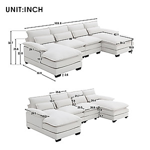 ONEMMLION U Shape Sectional Sofa Cloud Couch for Living Room, 110" Upholstery Comfy Modular Sofa, 4 Seat Chenille Modern Sleeper Sofa with Double Chaise & Memory Foam,White