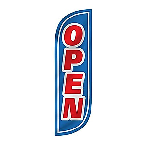 LookOurWay Feather Flag Set - 5ft Tall Advertising Banner Flag with Pole Kit and Ground Spike for Business Promotion - Open Blue/Red