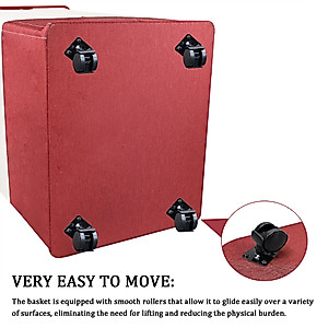 Laundry Basket with Wheels, Rolling Laundry Basket with Lid and Removable Bag, Collapsible Dirty Clothes Basket with Wheels for Bedroom, Bathroom, Dorm, Red/White