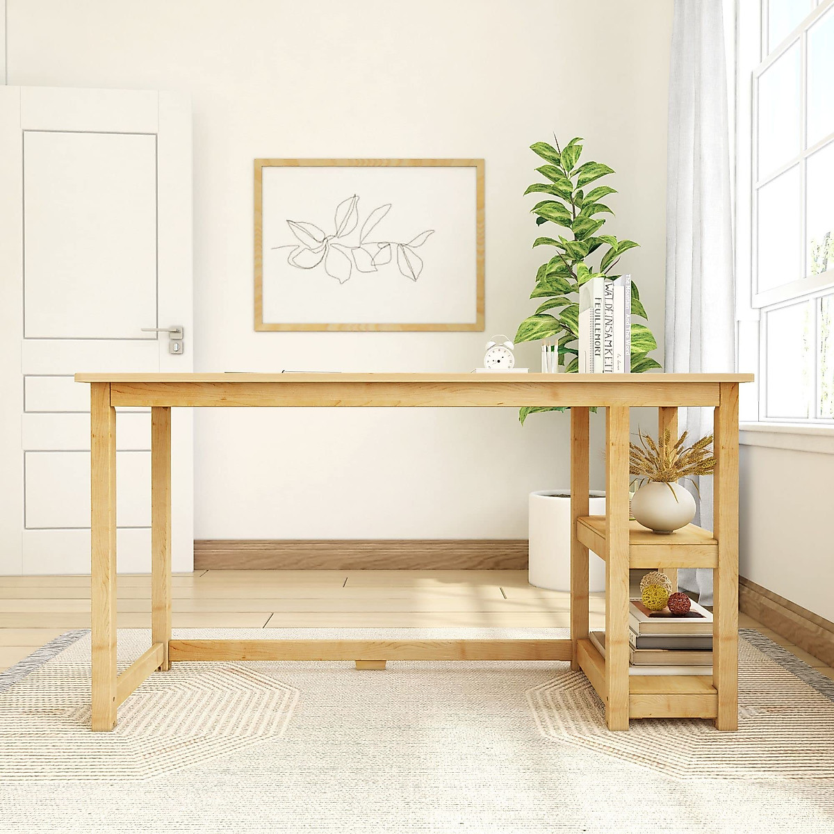 Plank+Beam Computer Desk with Shelves, Simple Desk for Bedroom, Home Office Study Desk, 55.25 Inch, Natural