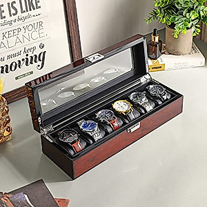 IBUYKE Watch Box with Removable Watch Pillow 6 Slots Solid Wood Watch Display Case for Mens Jewelry Organizer with Large Glass Lid JWB006H
