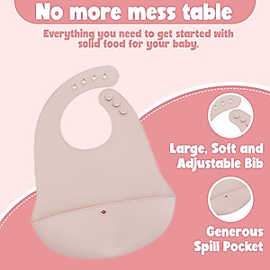 Shandra Silicone Baby Feeding Set (12 pcs) - Baby Led Weaning Supplies - Baby Feeding Accessories - Suction Divided Plate, Plates and Bowls, Sippy Cup Straw & Lid, Bibs, Spoons, Forks (Pink)