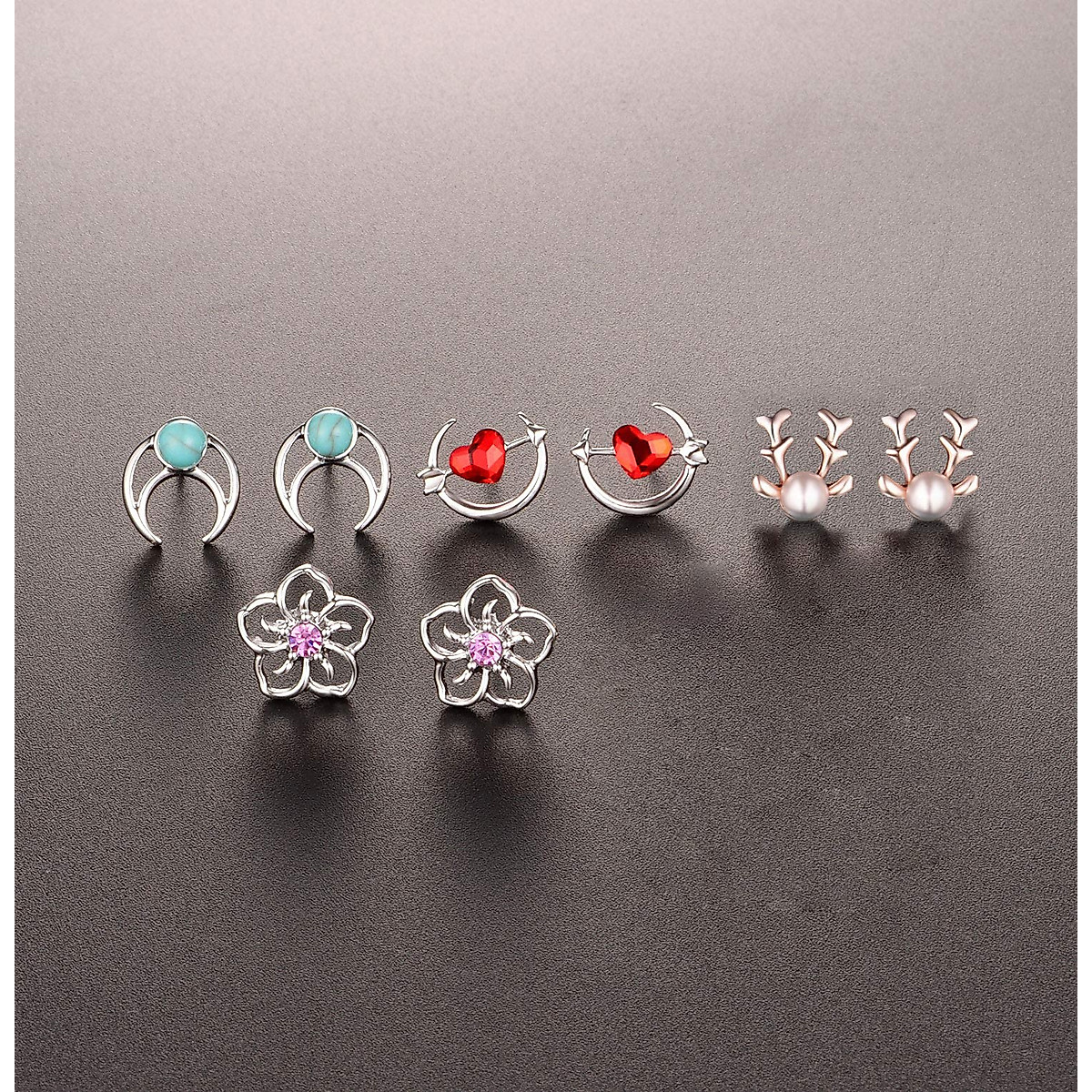 32 Pairs Assorted Stainless Steel Stud Earrings for -s Women Women-Cute Animal Faux Pearl Cat Elephant Sun Moon Star CZ Twise Heart Geometric Pattern Small Statement Bar Stud Earring Set (#5)