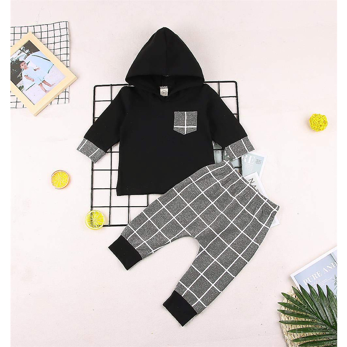 CM C&M WODRO Toddler Infant Baby Boy Fall Clothes Newborn Boy Outfits Plaid Long Sleeve Hoodie Sweatshirt Tops Winter Long Pants Sets (Black+Plaid, 3-4T)