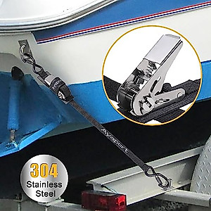 Ayaport Boat Tie Down Straps to Trailer (Stainless Steel Ratchet) 5 Feet, 2400lbs Break Strength Heavy Duty Ratchet Boat Straps, Boat Transom Straps Boat Trailer Accessories for Boating Safety