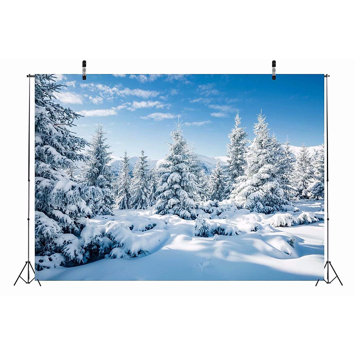 BELECO 9x6ft Fabric Winter Snow Forest Backdrop Frozen White Xmas Trees Wintry Scene Alps Photography Backdrop for Christmas New Year Party Decorations Winter Wonderland Background Photo Props