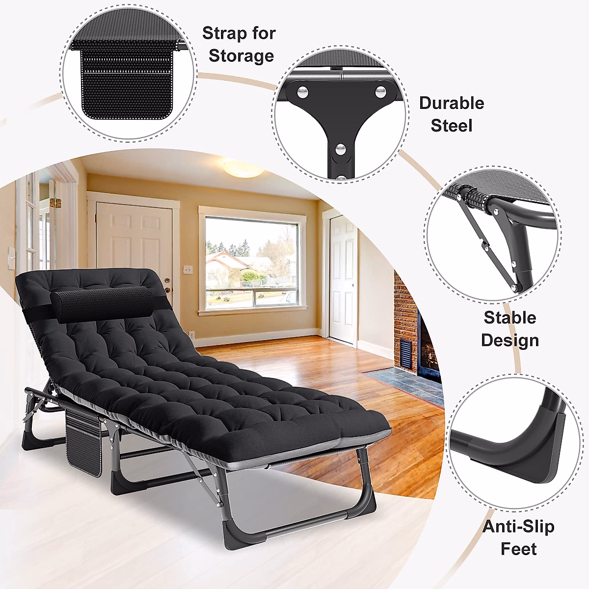 ABORON Heavy Duty Tanning Chair,Outdoor 5-Position Folding Chaise Lounge Chair with Pad,Portable Beach Lounge Chair for Outdoor Sunbathing Patio Pool Lawn Deck Poolside