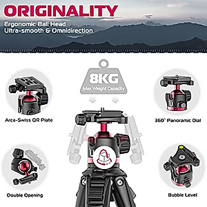 ULANZI MT-55 Ombra Travel Tripod, 62.2" Professional Camera Video Tripod, Aluminum Tripod W/ 360° Ball Head&Quick Release Plate, Max Load 17.6 LB for Nikon Canon DSLR Camcorder, Phone Holder Included
