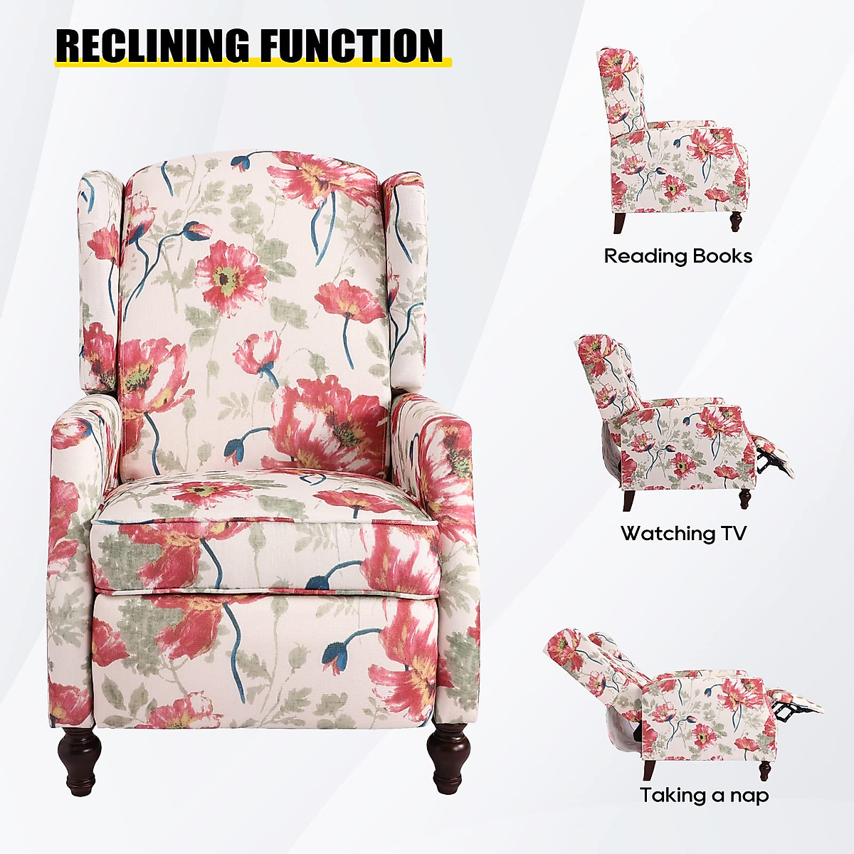 Consofa Wing Back Recliner Chair, Traditional Push Back Recliner Chair with Padded Seat, Upholstered Tufted Fabric Wingback Chair with Wooden Legs, Floral Accent Chairs for Living Room