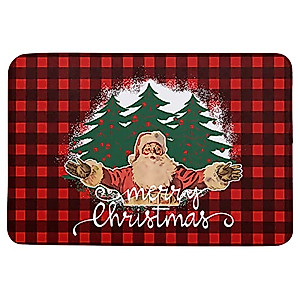 Christmas Bath Rugs Santa Claus Xmas Trees Sponge Doormat Absorbent Non Slip Backing Durable Soft Flannel Mat Red Black Buffalo Plaid Christmas Memory Foam Mats for Bathroom Kitchen 18 x 30 inches