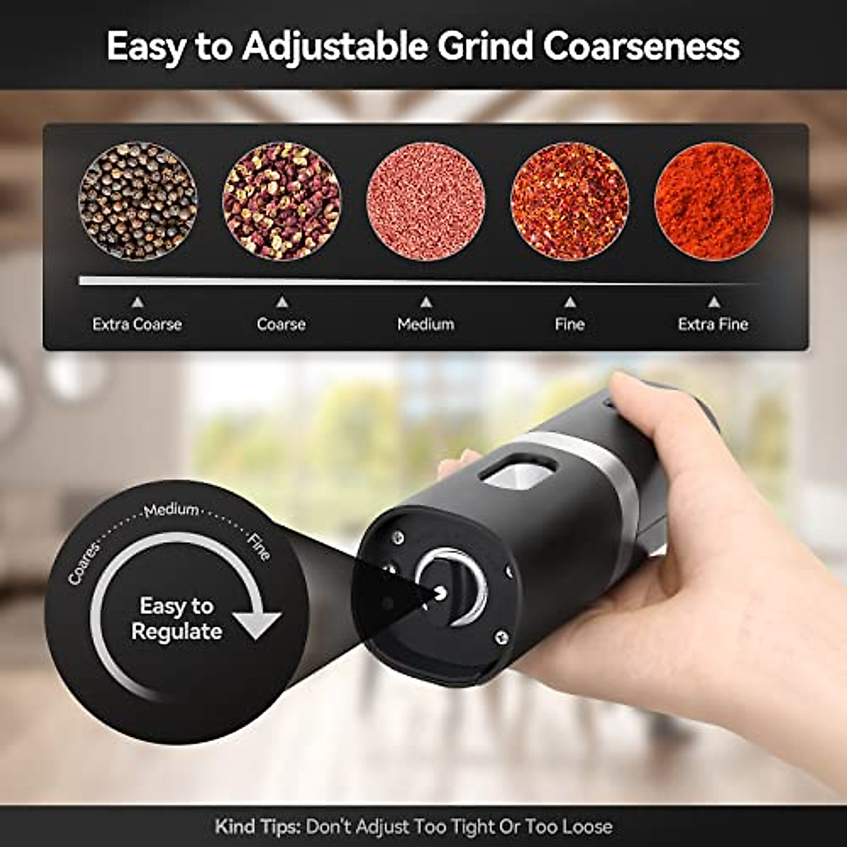 BONNIGHT Electric Salt and Pepper Grinder Set, Automatic Salt & Pepper Mill Refillable with Rechargeable Base, USB Cables, 2 Adjustable Coarseness Mills, One Hand Operation, LED Light