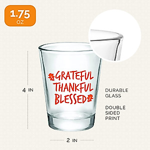 Grateful, Thankful,Blessed Thanksgiving Shot Glasses - Set of 12 Glass Turkey Day Holiday Drinkware - Fall Decor Drink Accessories with Double-Sided Prints - Novelty Home & Friends Giving