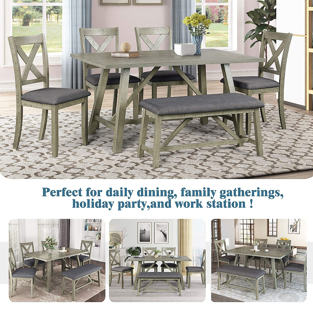 Prohon Wood 6 Piece Dining Set with 60" L Rectangular Table, Multifunctional Soft Bench and 4 X-Shaped Highback Chairs, Farmhouse Rustic Style Kitchen Furniture for Living Room/Apartments, Gray
