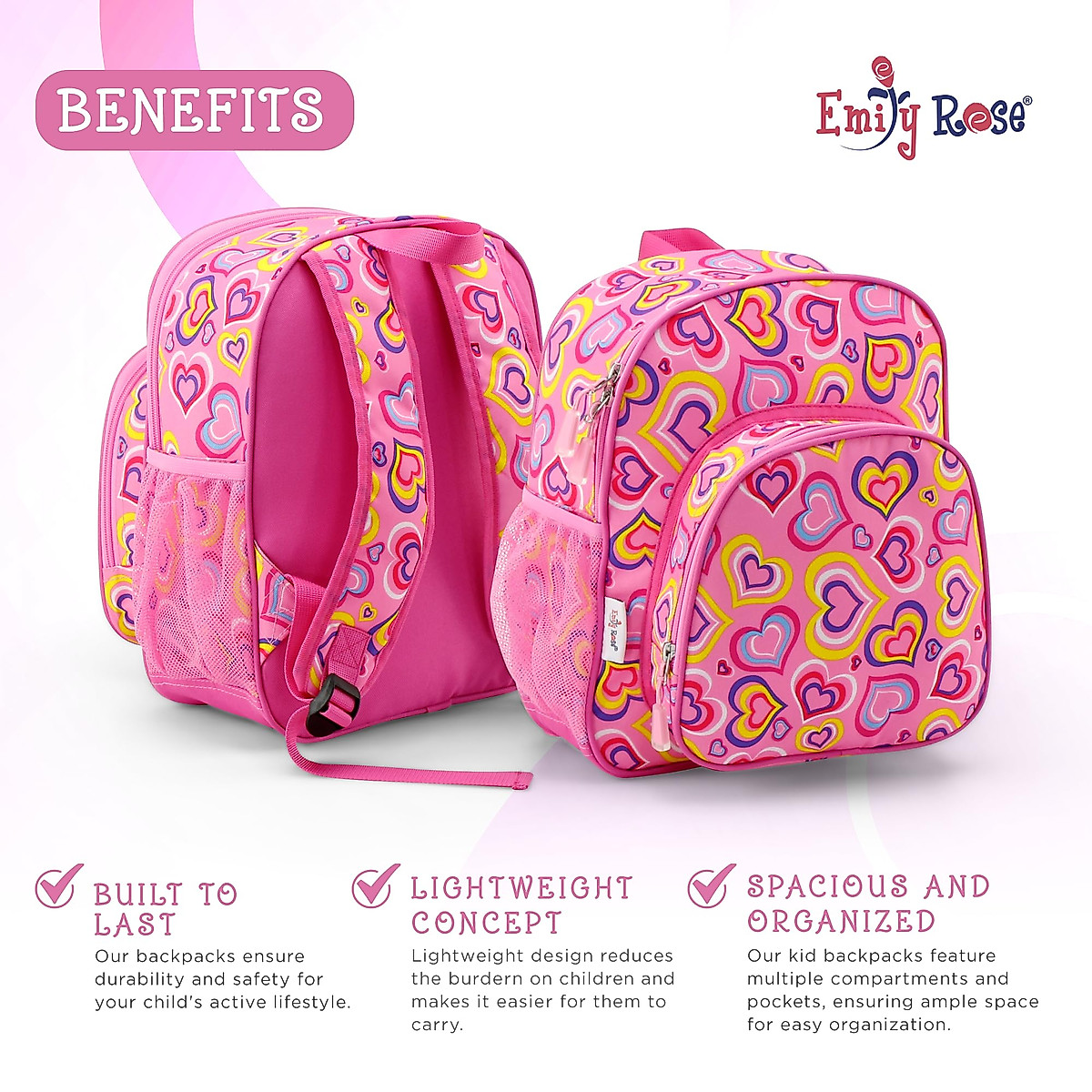 16 Inch Girl Girls School Travel Back Pack Bookbag Gift Set (Mom's Choice Award Winner!) | Features Padded Back and Adjustable Straps | Includes Spiral Notebook and 2 Pencils! (Playful Hearts)