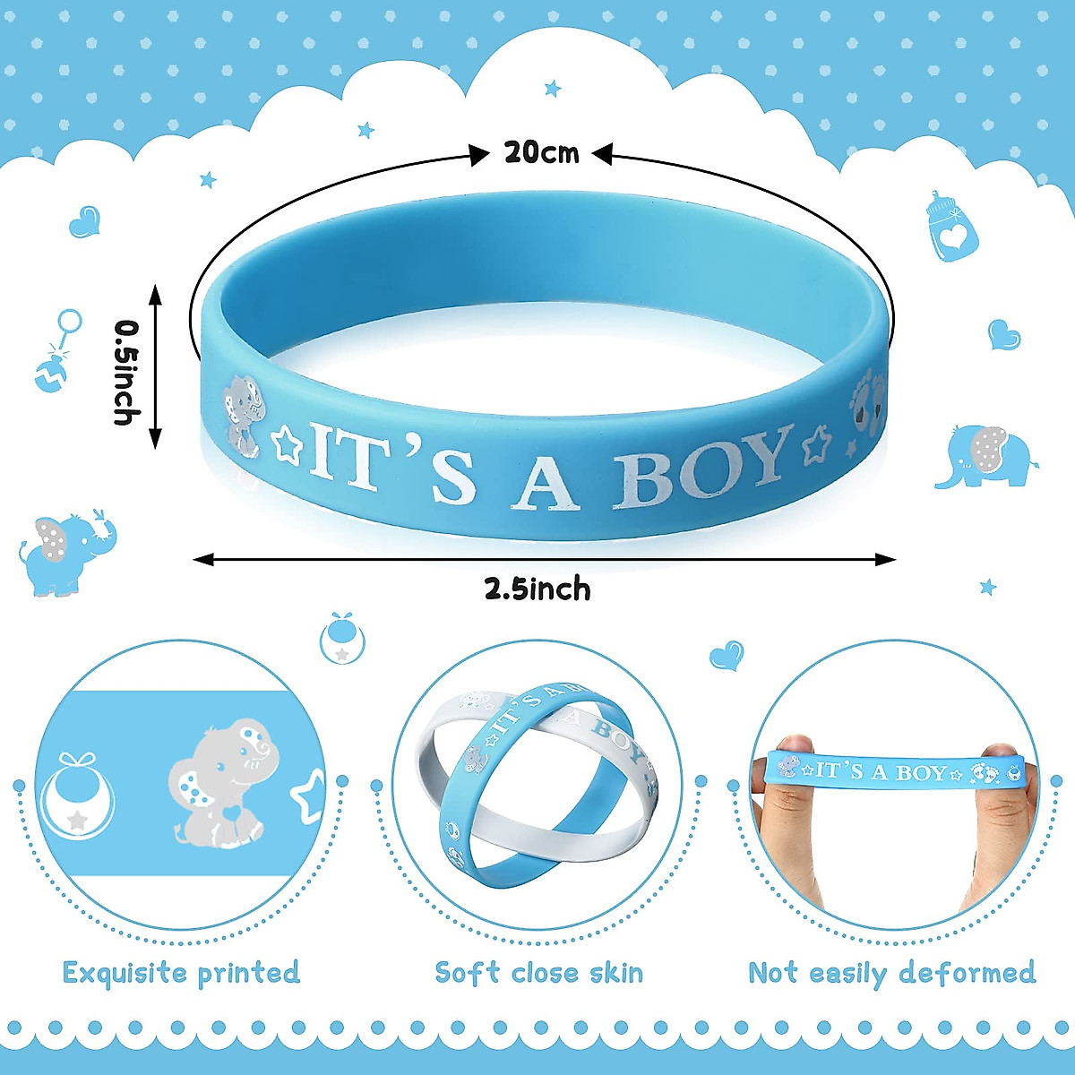 Zomiboo 36 Pieces Baby Shower Rubber Bracelets, It's a Boy It's a Girl Wristbands Elephant Baby Shower Decorations for Boy Girl Baby Shower Party Favor Gender Reveal Party Supplies (Boy Style)