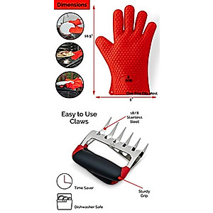 AMZ BBQ CLUB, BBQ Gloves and Metal Meat Claw Accessories with Heat-Resistant Silicone Glove and Meat Shredder (Red)