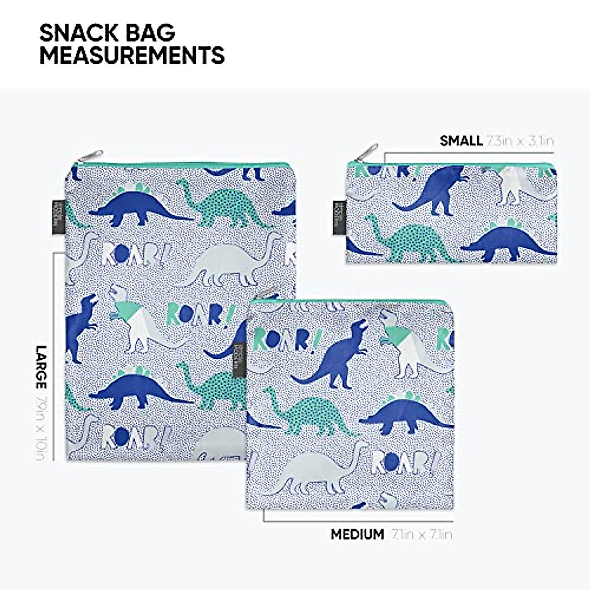 Simple Modern Reusable Snack Bags for Kids, Boys | Food Safe, BPA Free, Phthalate Free, Polyester Zip Pouches | Washable & Refillable Sandwich Bag | Ellie Collection | 3 pack | Dinosaur Roar