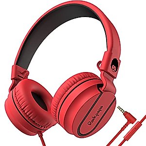 rockpapa 950 Headphones with Microphone for Kids for School Computer, On-Ear Headphones Wired Foldable for Boys chilrens Girls Teens Students Youth Adult Black Red