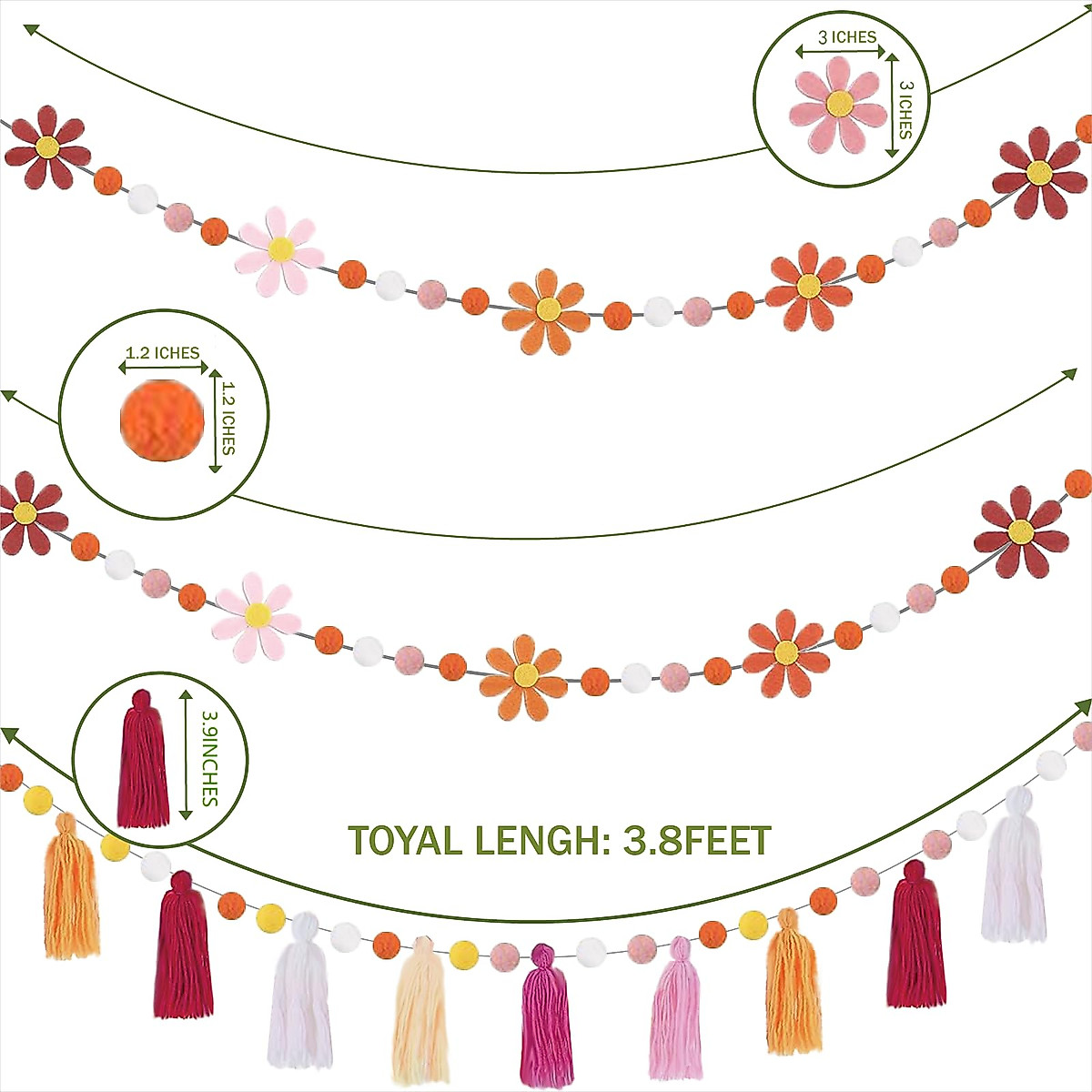 Boho Tassel Garland Tassel Wall Hanging Decor Daisy Party Decorations for Halloween Thanksgiving Christmas Birthday Party Bedroom Nursery Classroom Decorations