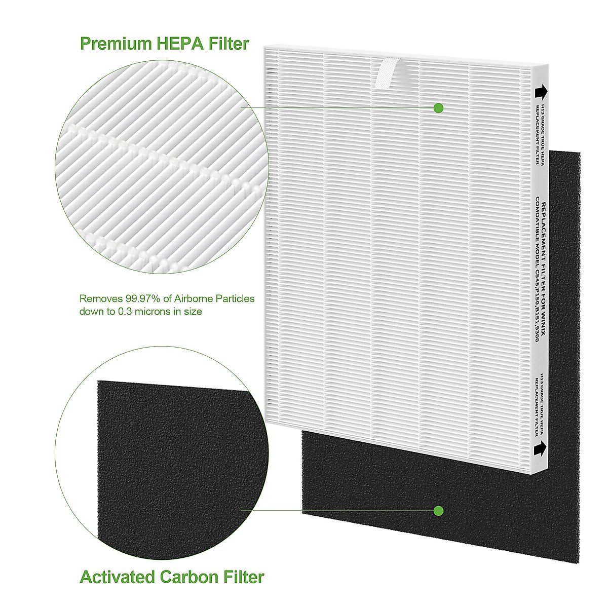 VALZONE Winix C545 2 Pack H13 True HEPA Replacement Filter S Compatible with Winix C545 Part# 1712-0096-00 with 8 Extra Activated Carbon Pre-Filters 13.07 x 10.94 x 0.98 inches