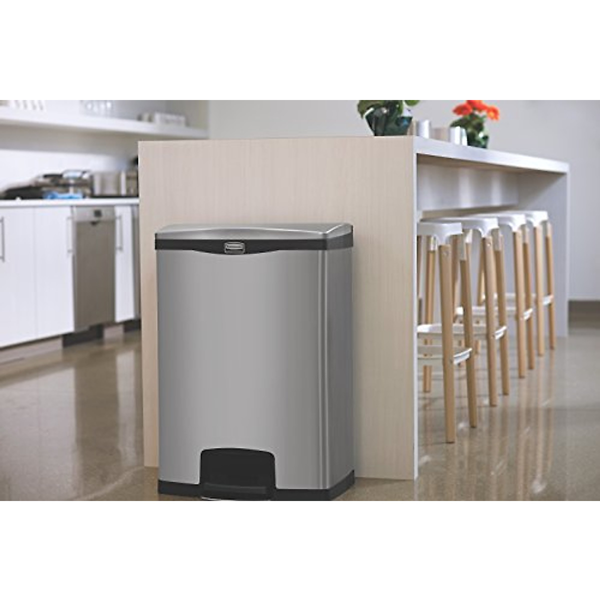 Rubbermaid Commercial Products Slim Jim Front Step-On Trash Can, Stainless Steel, 24 Gallon, Black, Indoor/Outdoor Waste Container for Office/Hospital/Mall/Kitchen