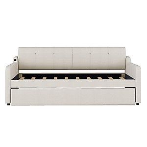 Twin Size Wood Upholstery Sofa Bed,Convertible Sleeper Sofa with Trundle and USB Charging,Trundle Can Be Flat or Erected,for Living Room Bedroom