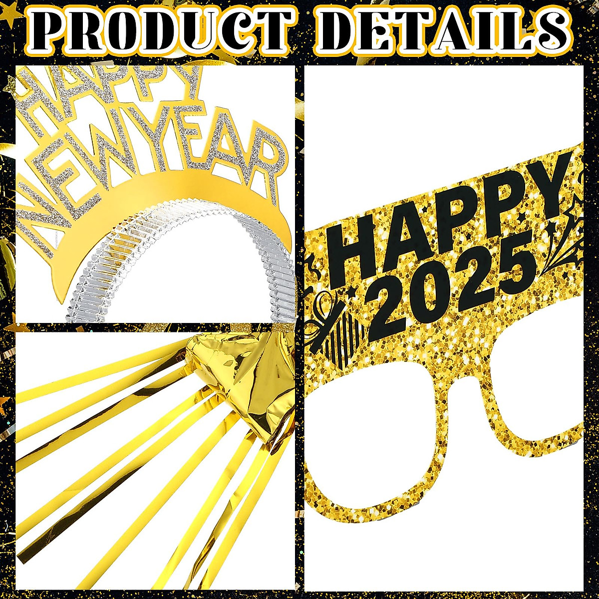 Wavyknot 72 Pcs New Years Eve Party Supplies 2025 Include Happy New Year Eyeglasses Headband Tiara and New Year Party Fringed Noise Makers 2025