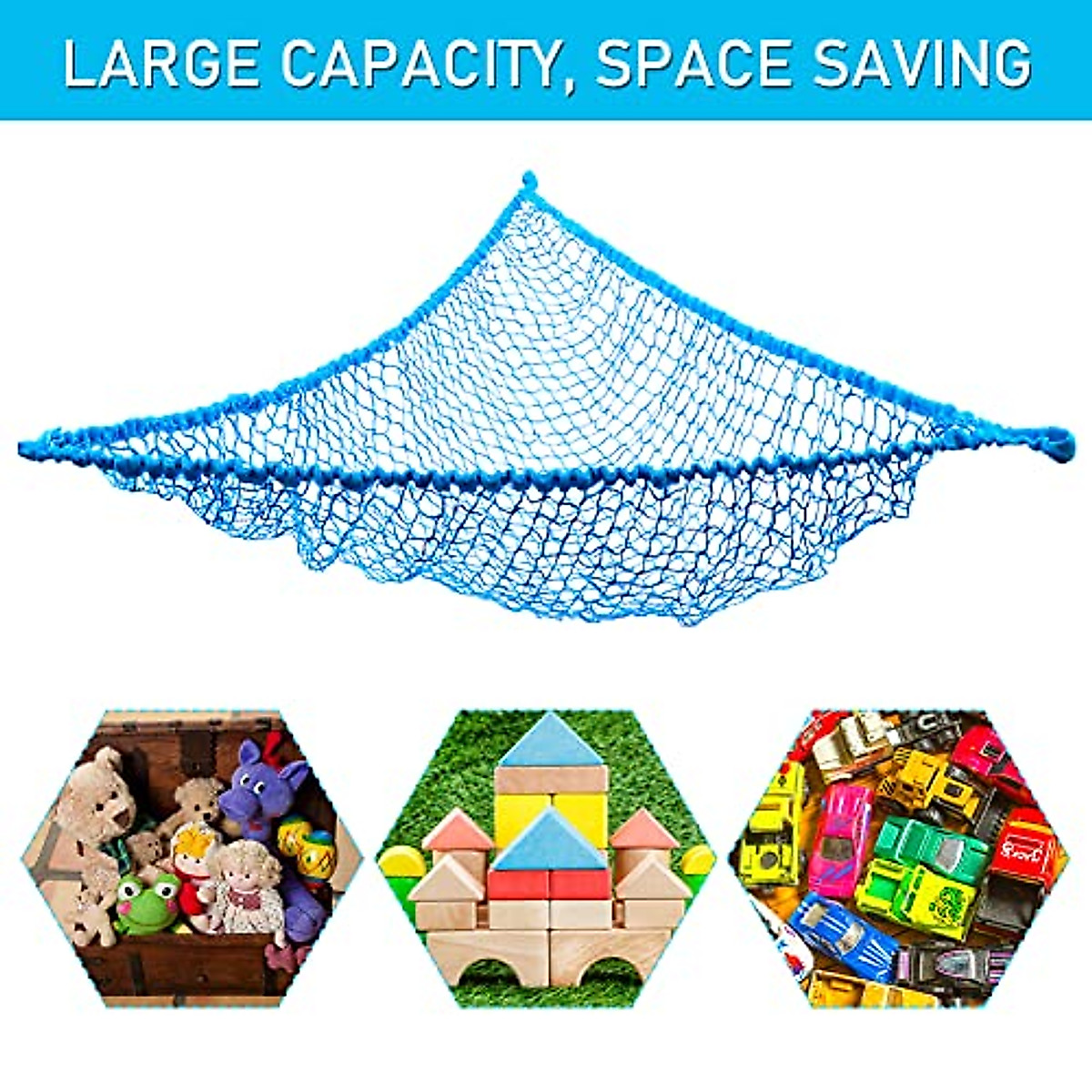 Corner Stuffed Toy Hammock with LED Light, Corner Plush Toy Net Holder, Stuffed Animals Hanging Storage Net, Hanging Toy Net Hammock for Nursery Play Room Bedroom(Blue)