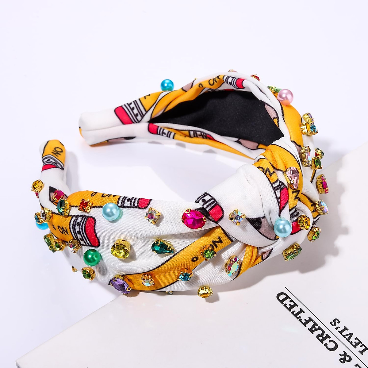 boderier Teacher Headbands for Women Beaded Crystal Knotted Headband Pencil Apple Headband Teacher Hair Accessories (Crystal Beaded)