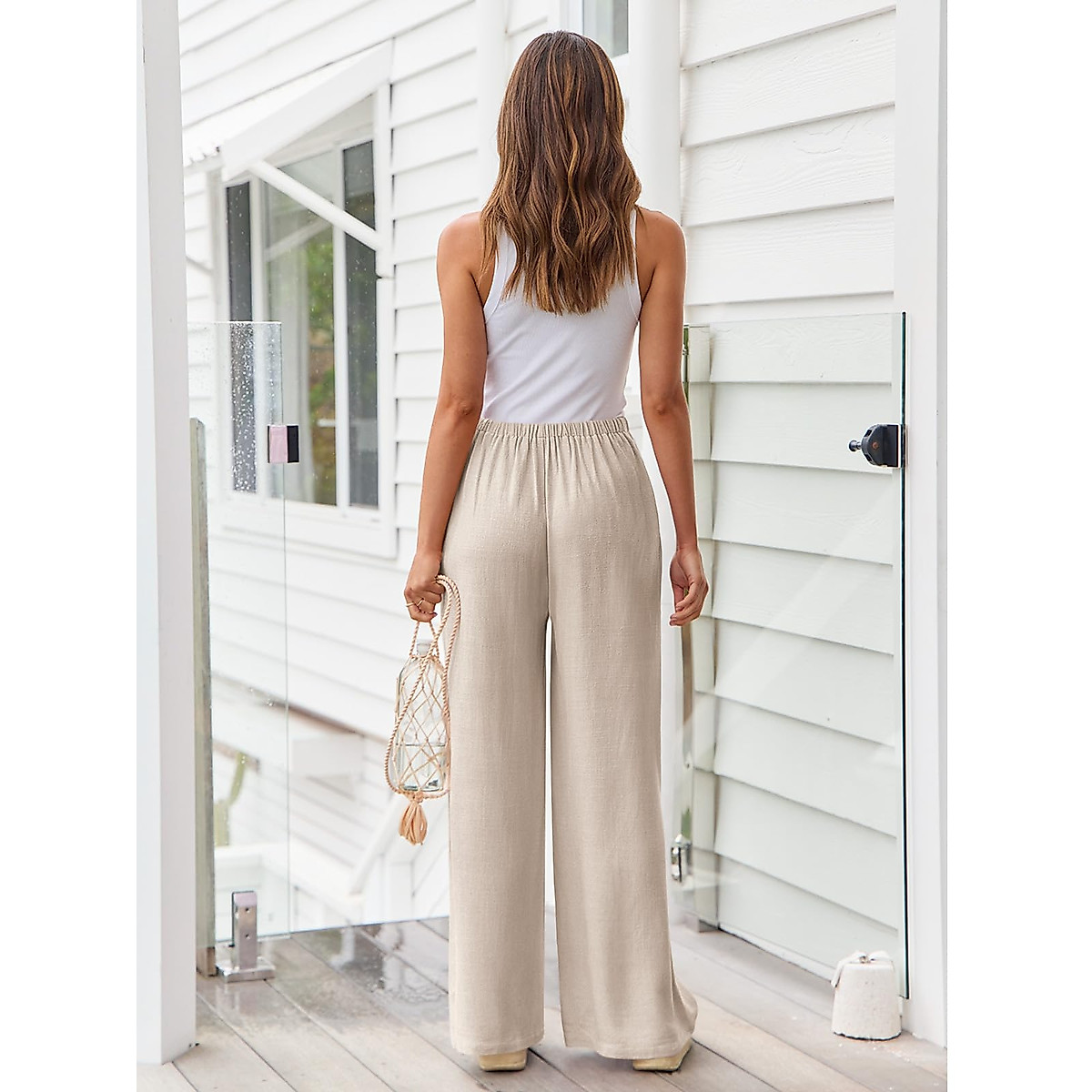 LILLUSORY Linen Wide Leg Pants Womens Palazzo Flowy Beach Vacation 2025 Summer Spring Fashion Outfits Clothes Clothing Trendy Skirt Cruise High Waisted Bohemian Travel Trousers with Pockets Apricot