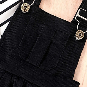 YOUNGER TREE Toddler Baby Girl Fall Outfit Long Sleeve Stripe T-shirt and Strap Dress Overall with One Pocket Clothes Sets (Black, 18-24 Months)