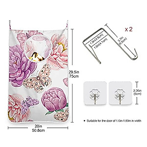 susiyo Blooming Flowers Peonies Butterflies Hanging Laundry Hamper Bag with Free Adjustable Stainless Steel Hooks 2PCs PVC Sticky Hooks Foldable Dirty Clothes Storage Saving Space for Bathroom Bedroo
