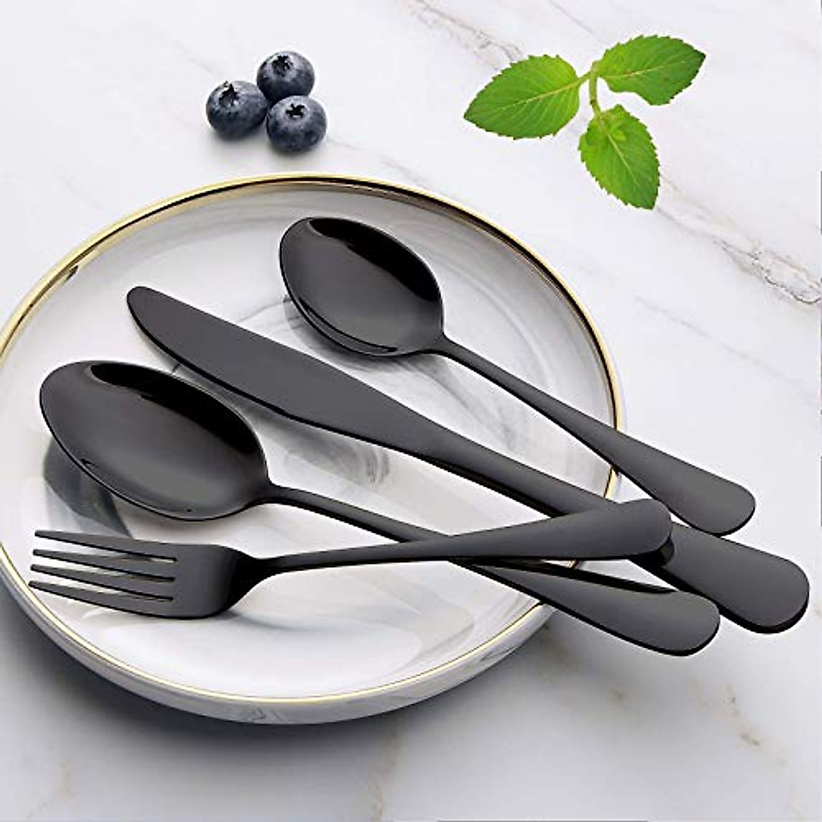Wildone 60-Piece Black Silverware Set, Stainless Steel Flatware Cutlery Set Service for 12, Tableware Eating Utensils Include Knives/Forks/Spoons, Mirror Polished, Dishwasher Safe