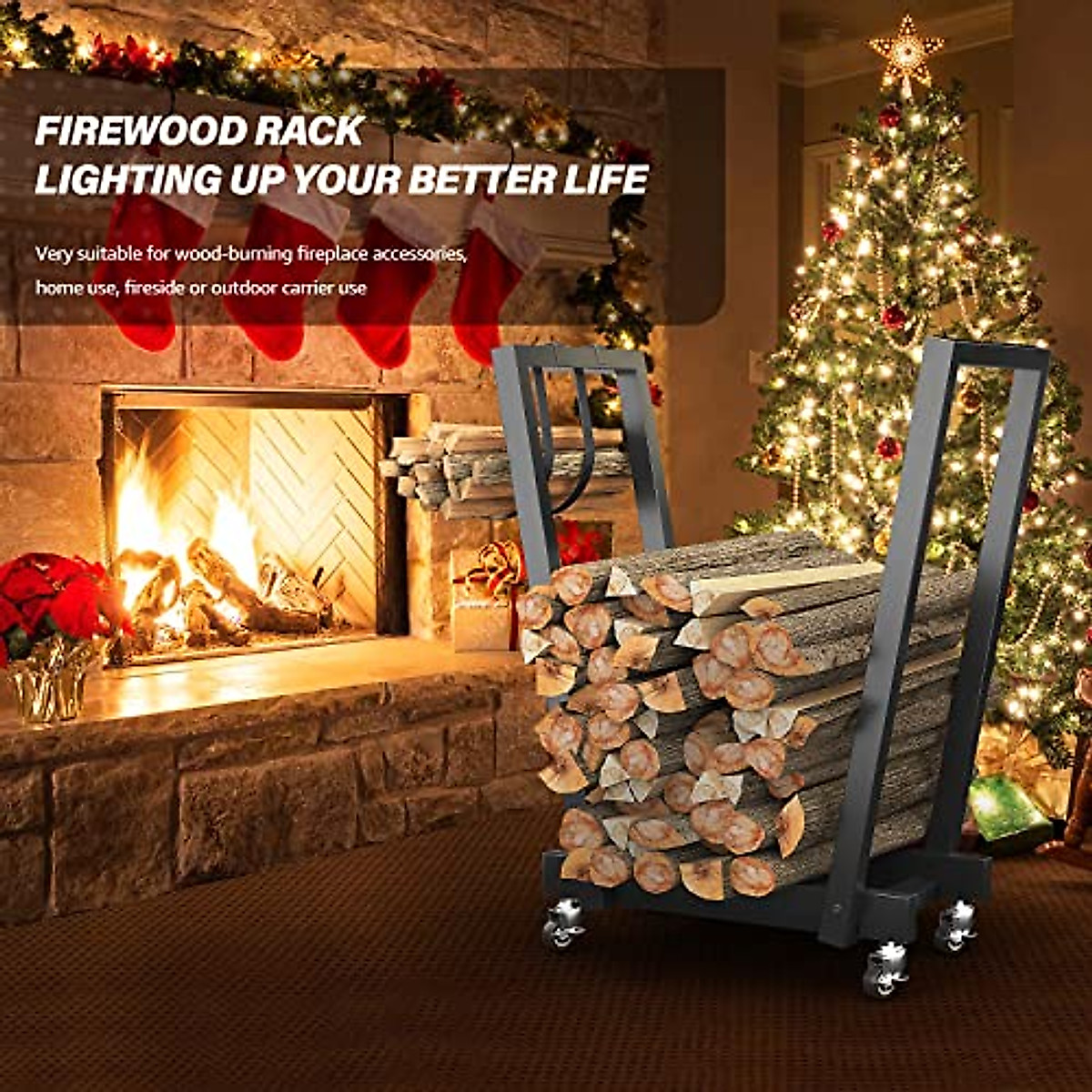 Unikito Indoor Firewood Rack Log Holder Stand for Patio, Fire Wood Rack Stand with Kindling Holder for Indoor Fireplace, Outdoor Patio Wood Fire Pit Stove, Wood Storage Stacker with Wheels, Black