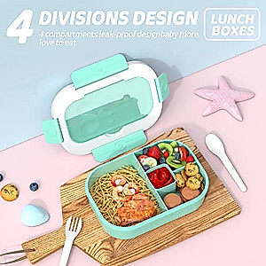 RGNEIN Bento Box Adult Lunch Box, 1300 ML 4-Compartment Bento Lunch Box for Kids, No BPA, Lunch Containers for Adults Come with Fork and Spoon, Leak Proof, Microwaveable, Dishwasherable (Green)