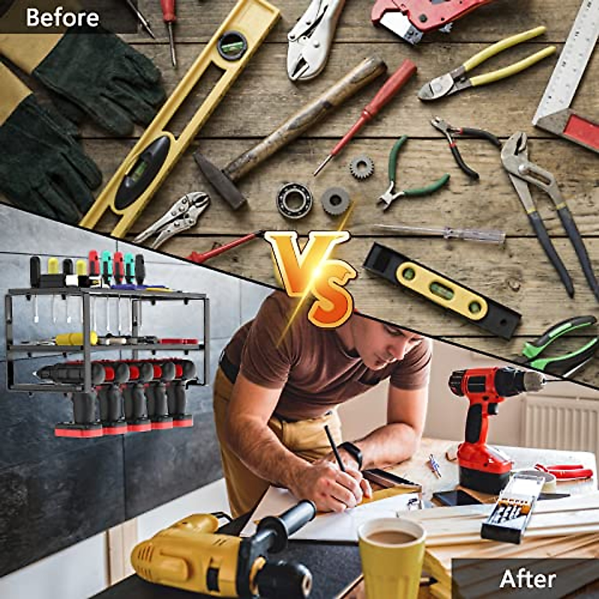 BaiYuan Power Tool Organizer with 5 Drill Holder, Wall Mount Garage Tool Organizers and Storage Rack, 3 Layers Heavy Duty Metal Tool Shelf, Cordless Drill Storage or Drill Charging Station