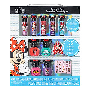 Townley Girl Disney Minnie Mouse Sparkly Cosmetic Makeup Set for Girls with Lip Balm Nail Polish Nail Stickers-35 Pcs|Perfect for Parties Sleepovers Makeovers|Birthday Gift for Girls above 3 Yrs, Kid