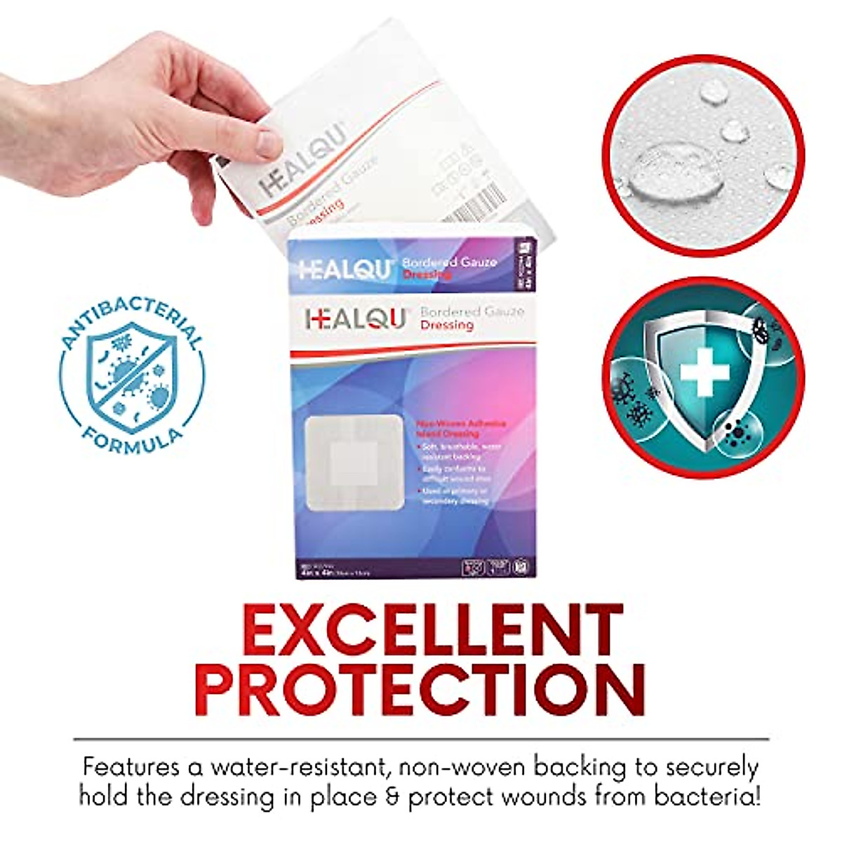 HEALQU Bordered Gauze Island Dressing - 30 Count, 4" x 4" Sterile Individually Wrapped Gauze Pads with Water-Resistant, Non-Woven Backing - Soft and Breathable Wound Dressing for First Aid and Medical