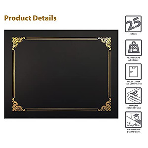 25 Pack Black Certificate Holders, Diploma Holders, Document Covers with Gold Foil Border, by Better Office Products, for Letter Size Paper, 25 Count, Black
