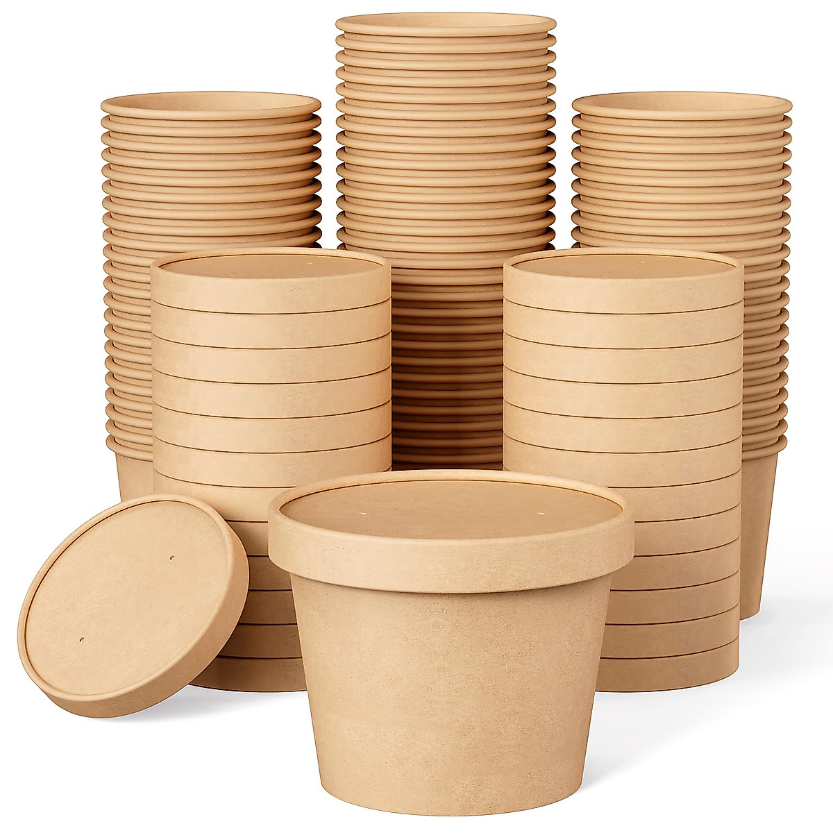 50pack 12oz Paper Soup Containers with Lids, Disposable Kraft Paper Food Cups, Ice Cream Cups, Paper food Storage with Lids, Microwavable and freezer safe, Suitable for Christmas Thanksgiving (Brown)