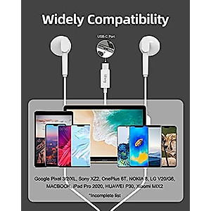 USB C Earphones, iFory HiFi Stereo Type C Earbuds Stereo in-Ear Earbud USB C Headphones with Mic and Volume Control Compatible with Google Pixel 3/2/XL, Sony XZ2, iPad Pro White