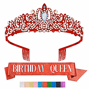 Red Birthday Queen Sash, Tiara and Headband Set - Decorations for Women and Girls