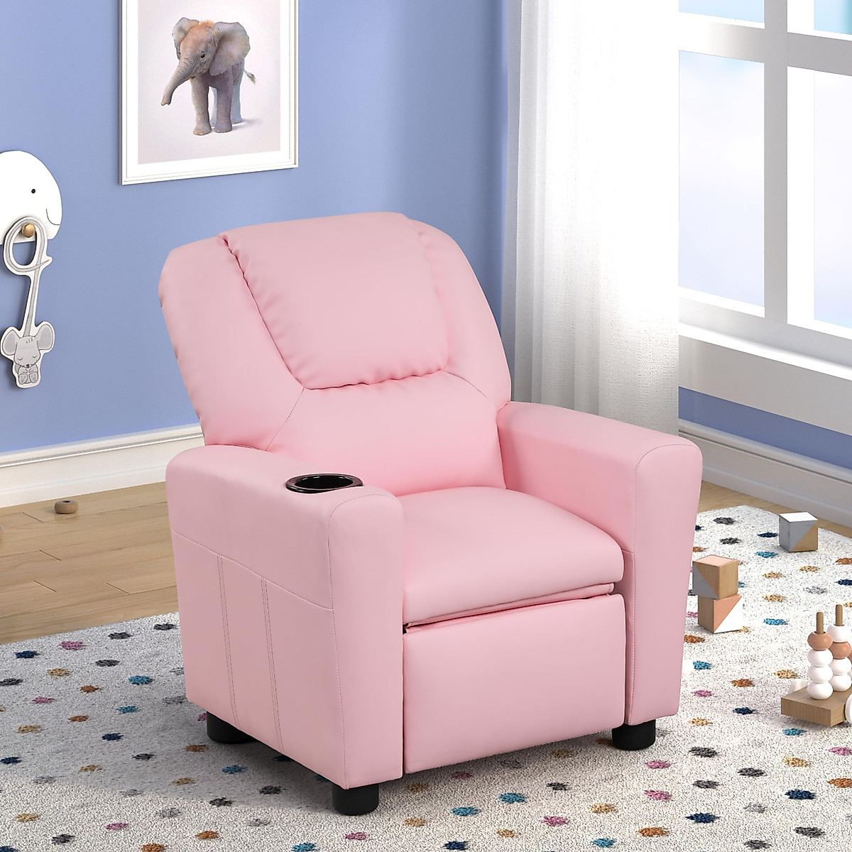 anwickjeff Modern PU Leather Kids Recliner Chair with Cup Holder, Adjustable 2-in-1 Kids Single Couch for Boys Girls (Pink)