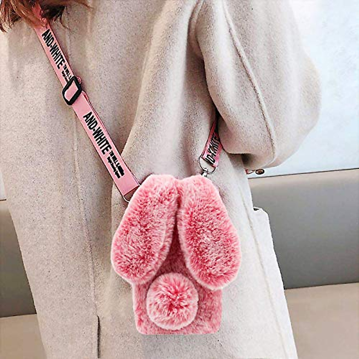 DasKAn for Samsung Galaxy S23 5G 3D Bunny Ears Plush Case with Crossbody Strap, Winter Warm Handmade Bling Diamond Soft Rabbit Fluffy Furry Fur Shockproof Protective Phone Cover, Pink