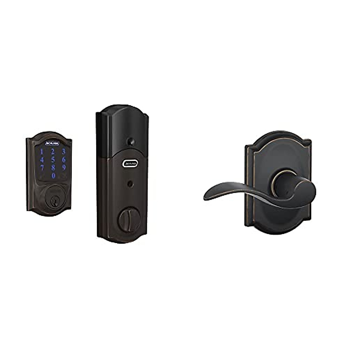 SCHLAGE BE469ZP CAM 716 SCHLAGE Connect Smart Deadbolt with Alarm Inbuilt Camelot Trim in Aged Bronze & F10 Acc 716 CAM Camelot Trim with Accent Hall and Closet Lever, Aged Bronze