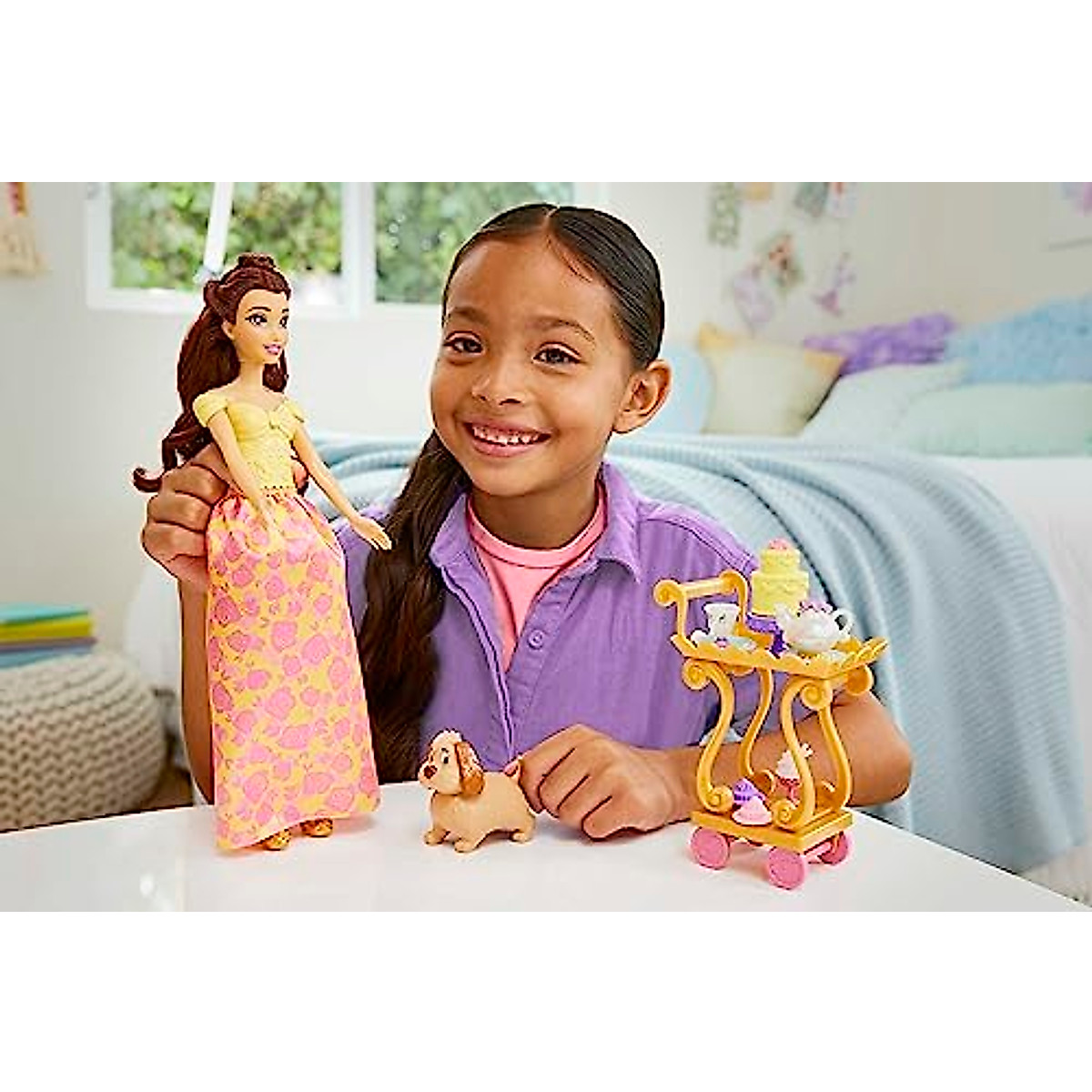 Mattel Disney Princess Belle Tea Time Fashion Doll & Playset with Tea Cart, 3 Character Friends and Food Accessories