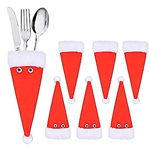 Puimentiua 32pcs Christmas Santa Claus Hat Knife and Fork Silverware Holder Pockets Candy Cover for Christmas Party Decoration