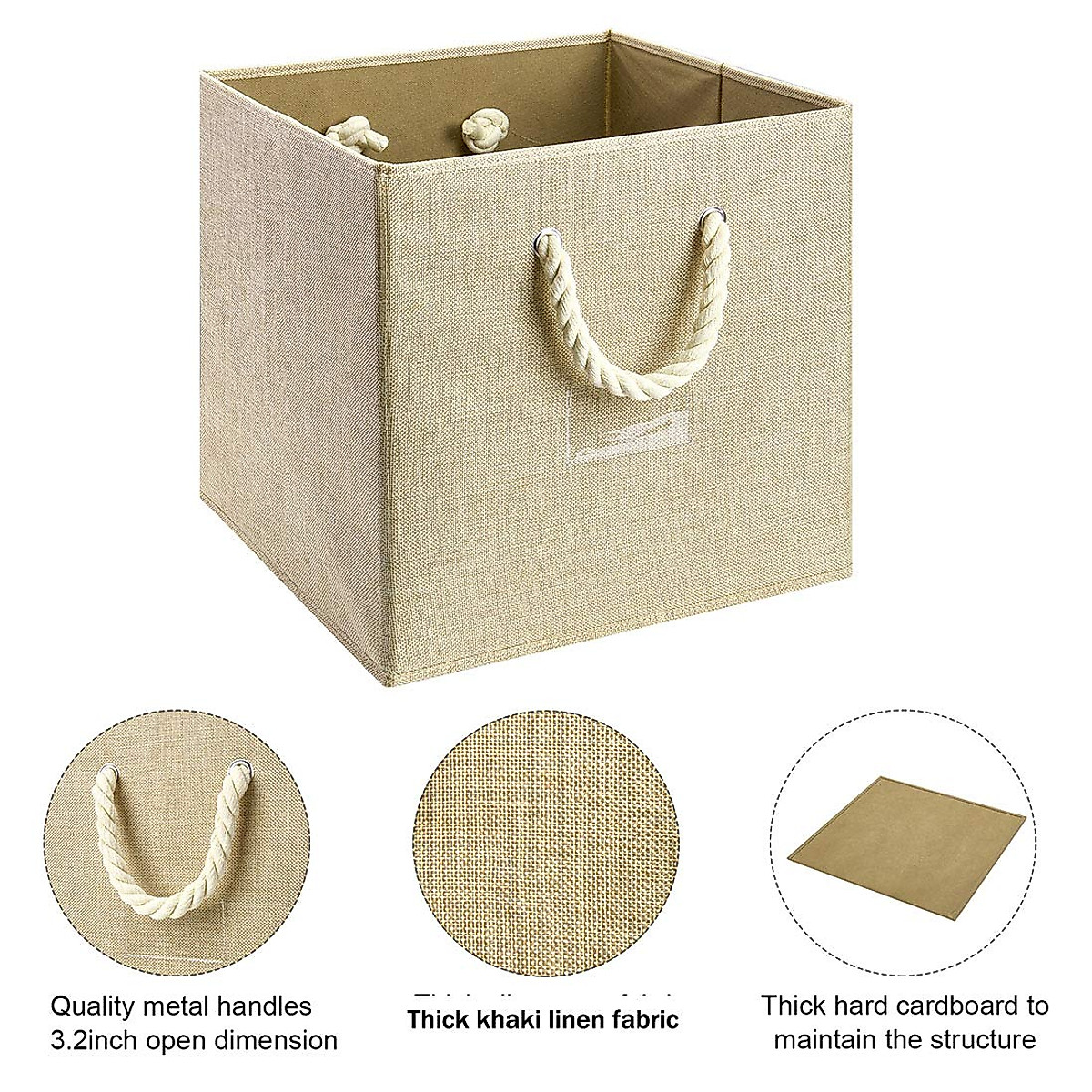 i BKGOO Foldable Storage Cube Bins Khaki Linen Fabric Collapsible Resistant Basket Box Organizer with Cotton Rope Handle for Home Office and Nursery 13x13x13 inch