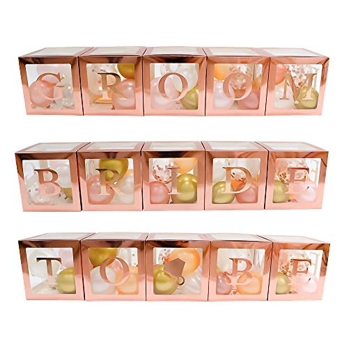 96 PC Bridal Shower Decorations Balloon Boxes Rose Gold - Transparent Block with BRIDE TO BE + GROOM + A - Z Letters and 40 Balloons- Engagement Bachelorette Parties Weddings Centerpieces Photo Booth